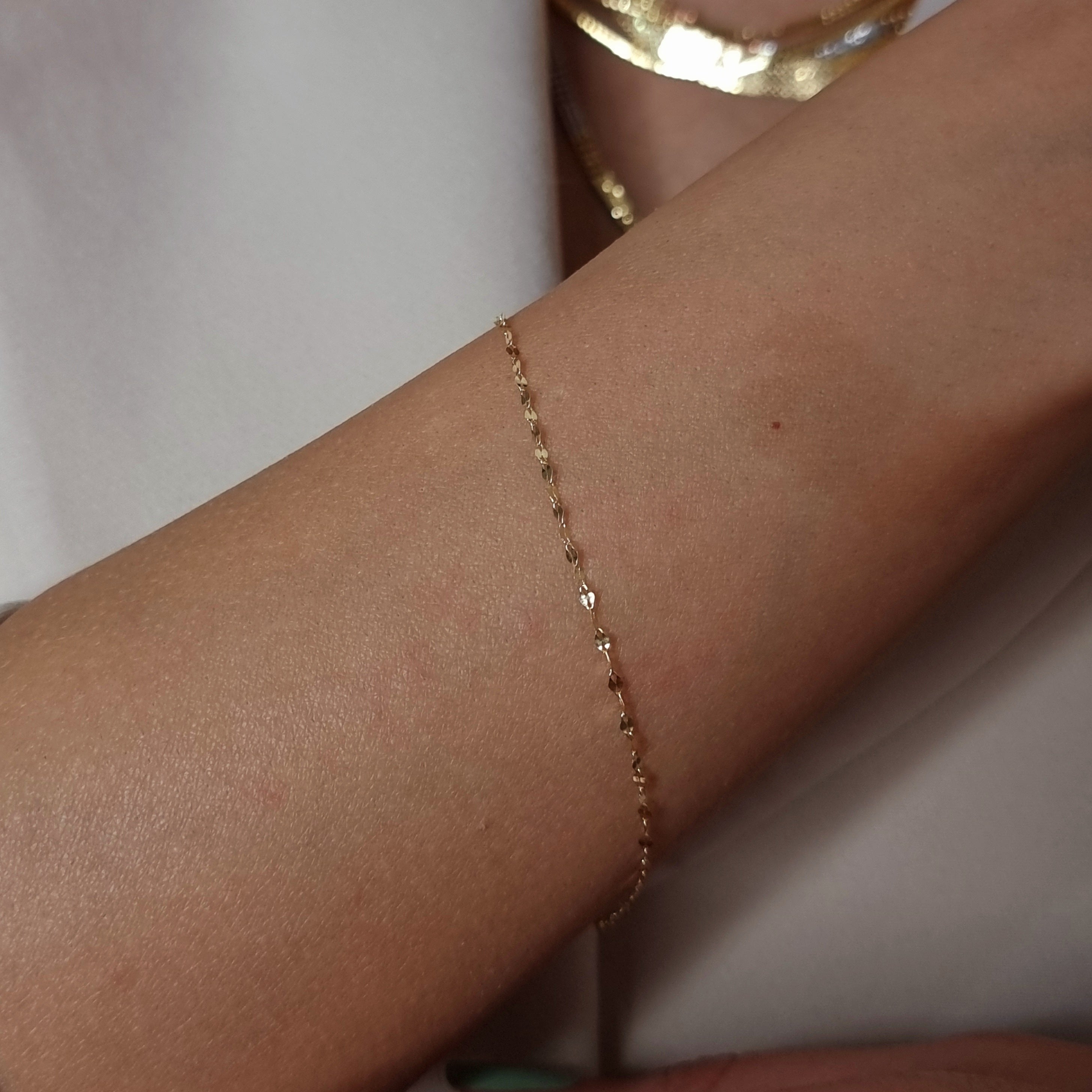 18K Real Gold Thin Glittering Linked Bracelet – Hamsa Gold